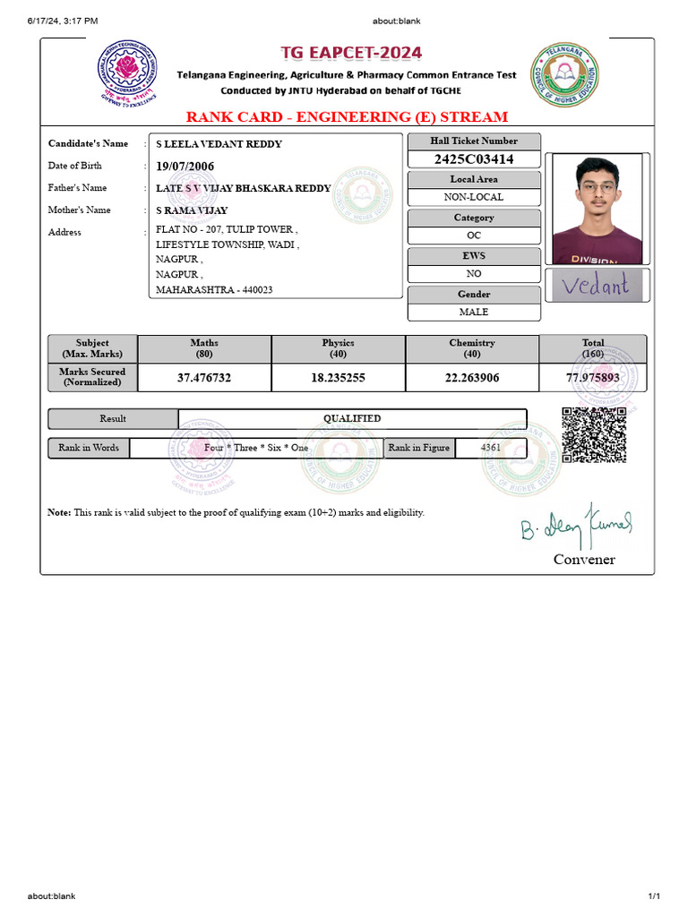 TS EAPCET Rank Card | PDF