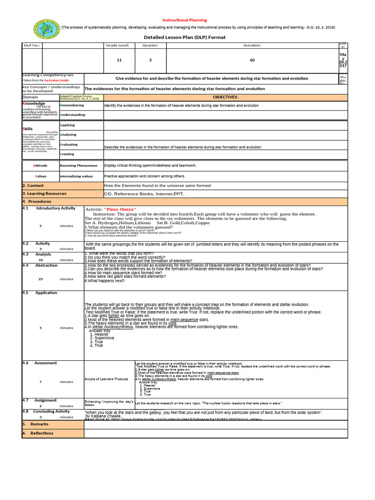 PHYSICAL SCIENCE - S11/12ps-IIIa-2 | PDF | Chemical Elements | Stars