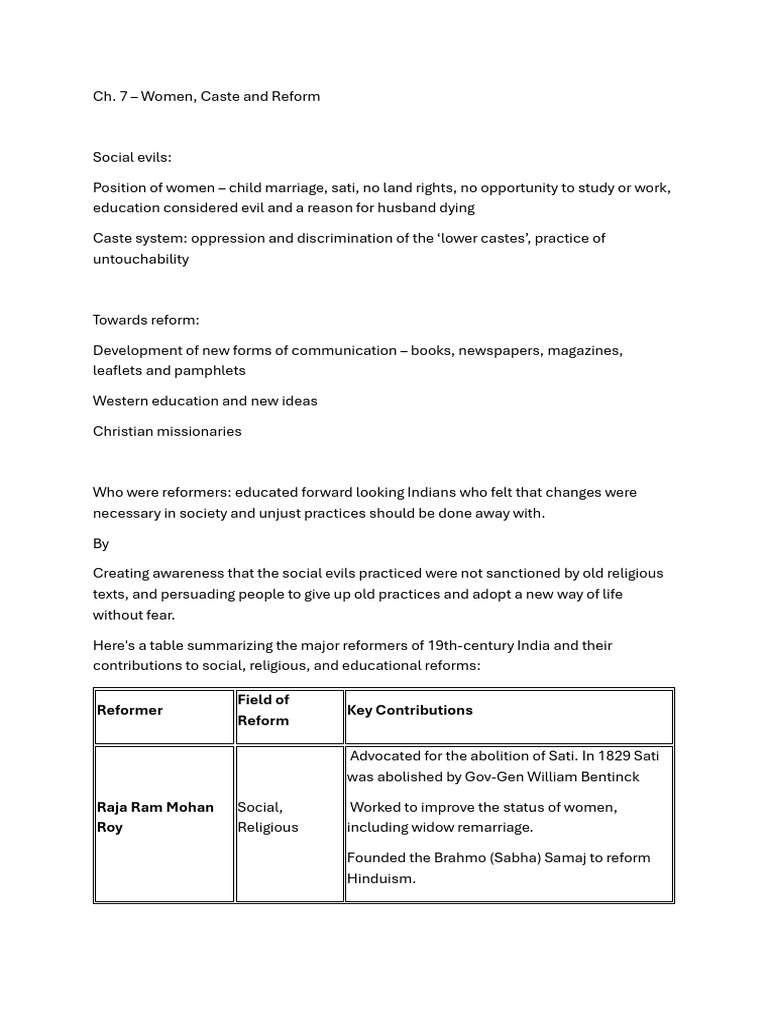 Notes - Ch.7 Women, Caste and Reforms | PDF | Indian Religions