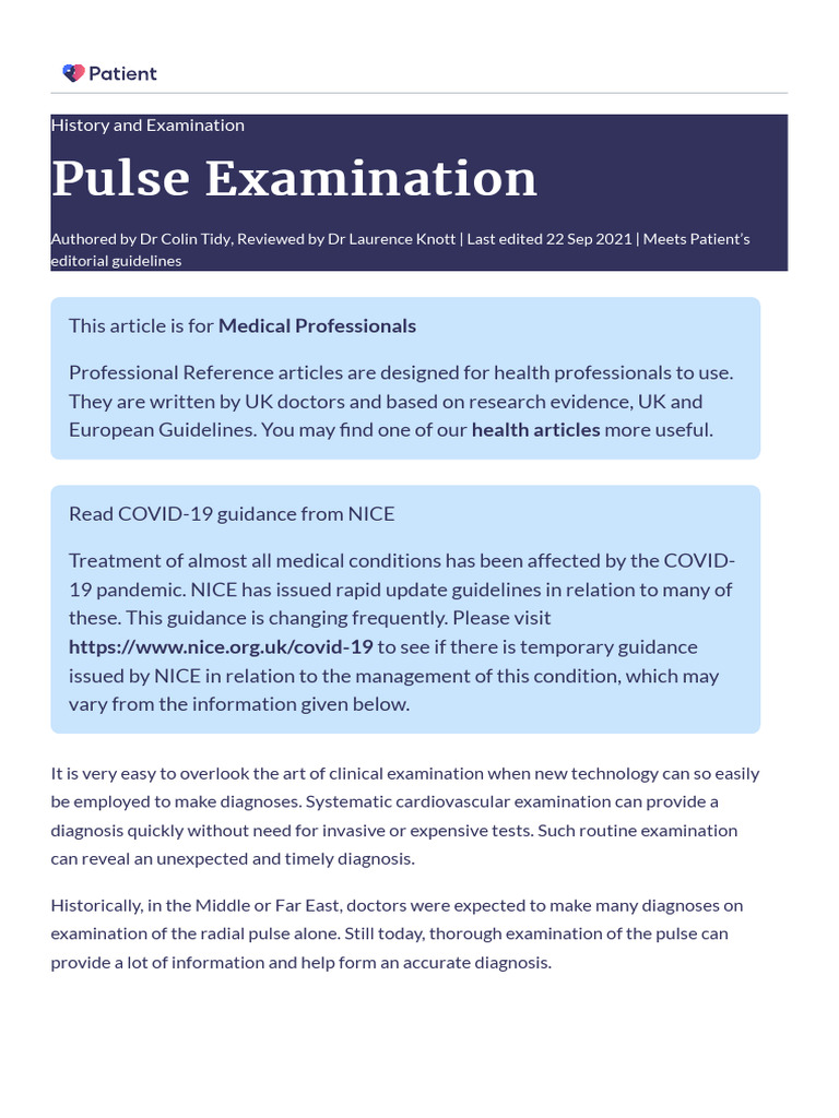 Pulse Examination. Cardiovascular (CVS) Examination. Patient - Patient ...