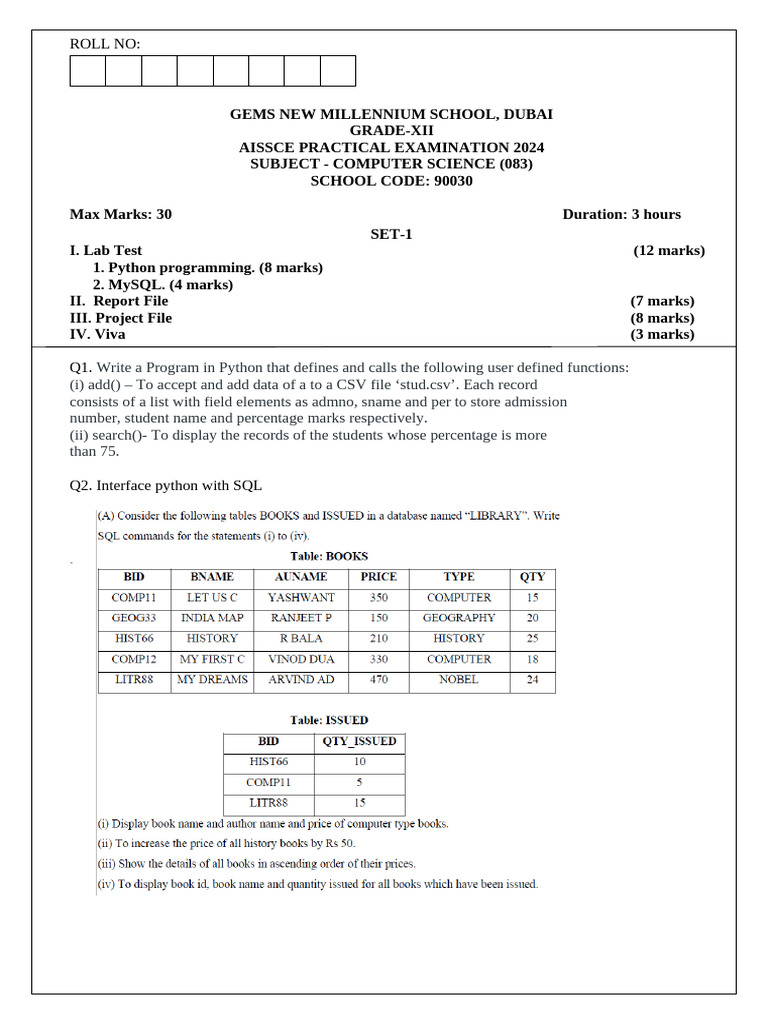 Grade 12 CS Board Practicals - 2024 - Mock | PDF | Python (Programming Language) | My Sql