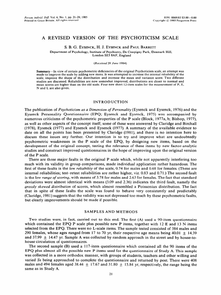 A Revised V Ersion of The Psychoticism Scale ...