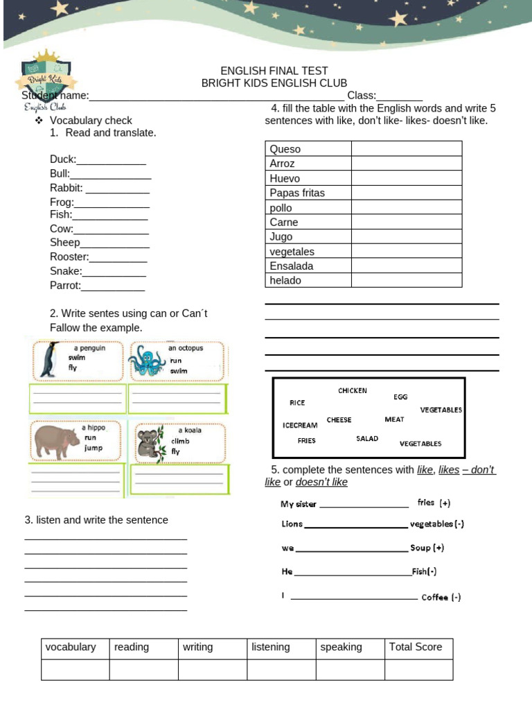 Final Test Level A1 Food and Animals Vocabulary | PDF