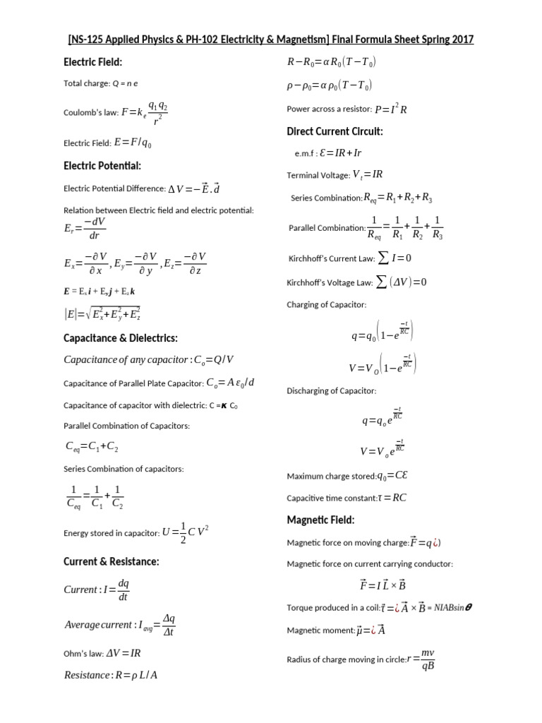 NS-125 Applied Physics Formula Sheet Spring 2016 Final | PDF ...