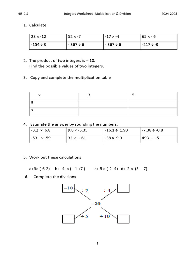 Grade 6-Integers Worksheet-Multiplication and Division | PDF
