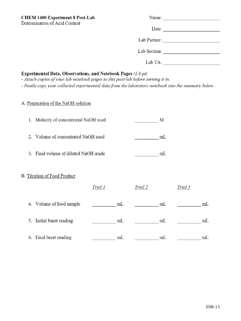 Exp 8_ Acid Content - Post Lab - CHEM1400L19_ General Chemistry 1 | PDF