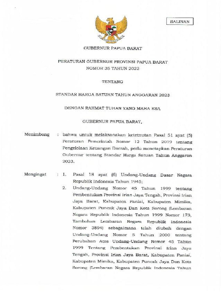 Pergub Papua Barat No 35 Tahun 2022 Tentang Standar Harga Satuan Tahun Anggaran 2023 | PDF