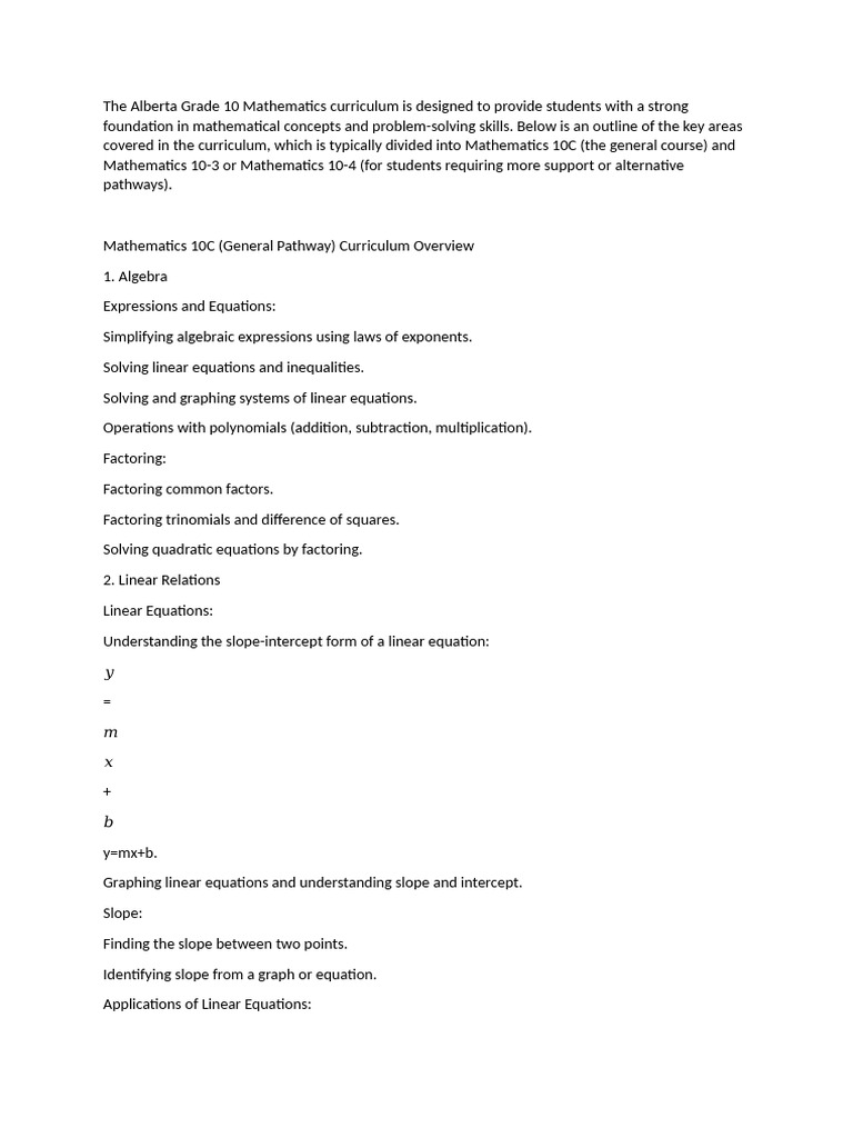 Alberta Grade 10 Math Curriculum Overview | PDF | Mathematics ...