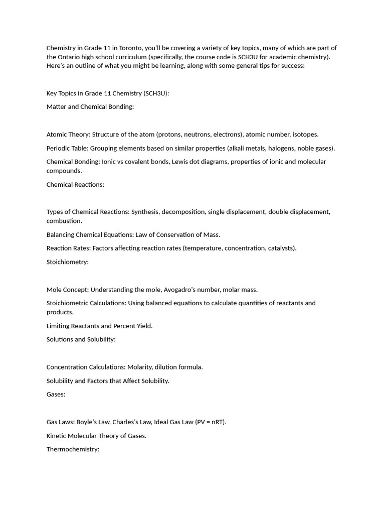 Grade 11 Chemistry Topics SCH3U | PDF | Chemistry | Chemical Reactions
