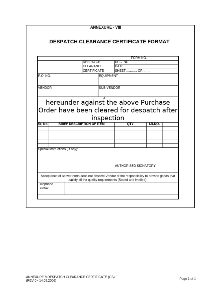 Despatch Clearance Certificate Format | PDF