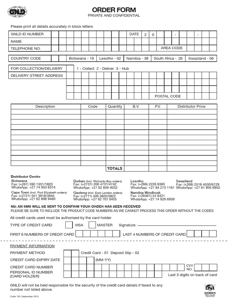 GNLD NeoLife Order Form | PDF | Credit Card | Service Industries