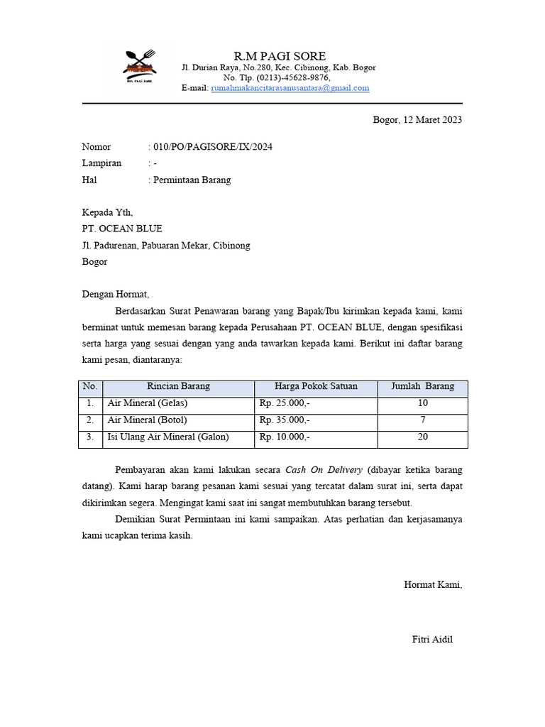 Surat Permintaan Bisnis | PDF