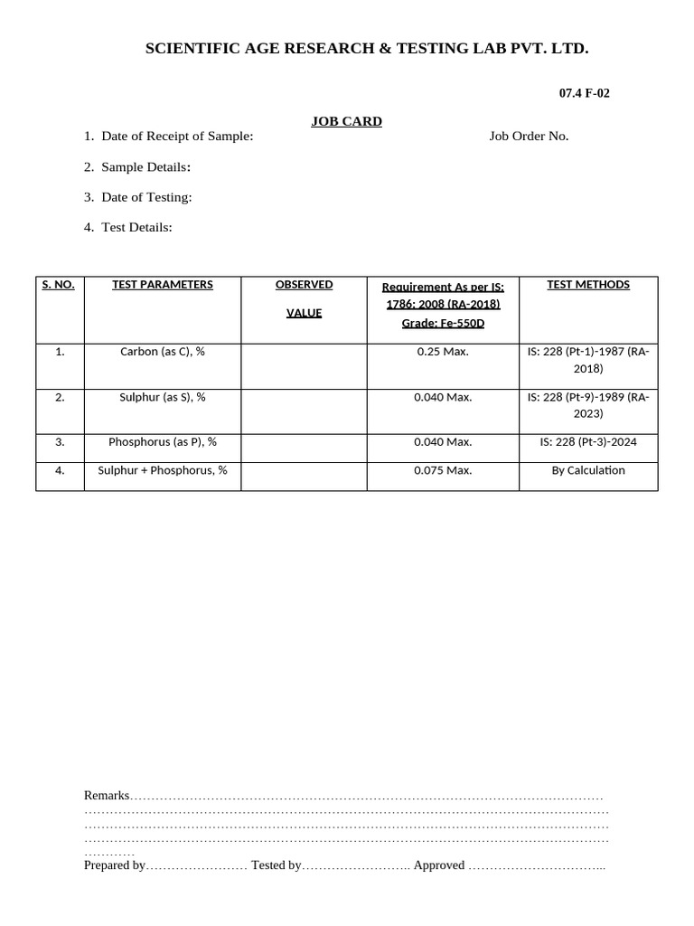 Pharmacy Laboratory Job Card Template | PDF
