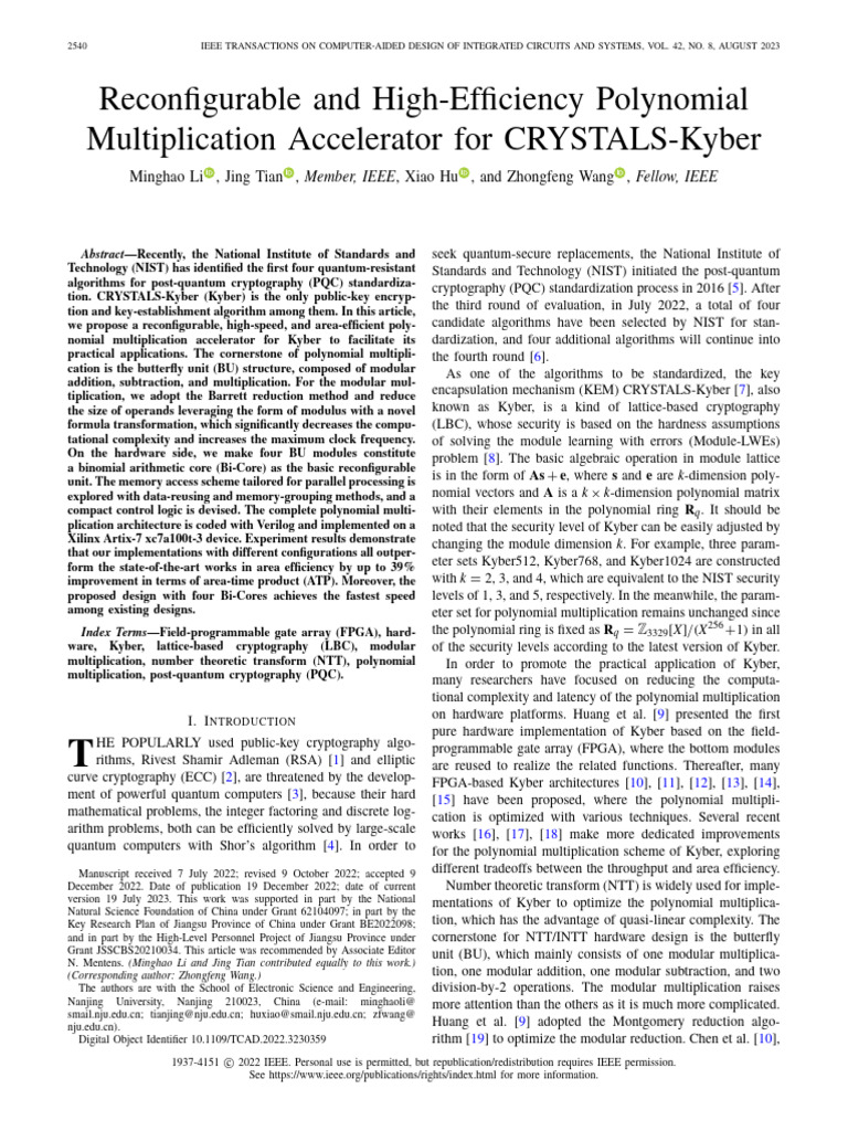 Reconfigurable and High-Efficiency Polynomial Multiplication Accelerator For CRYSTALS-Kyber ...