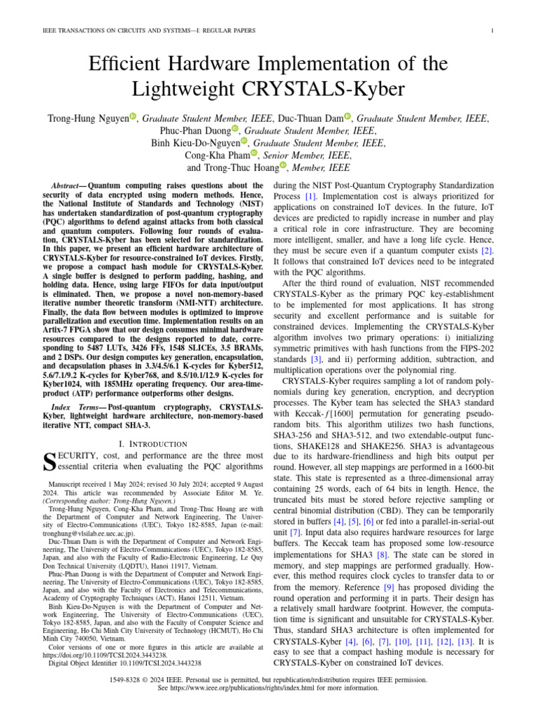 Efficient Hardware Implementation of The Lightweight CRYSTALS-Kyber | PDF | Cryptography ...