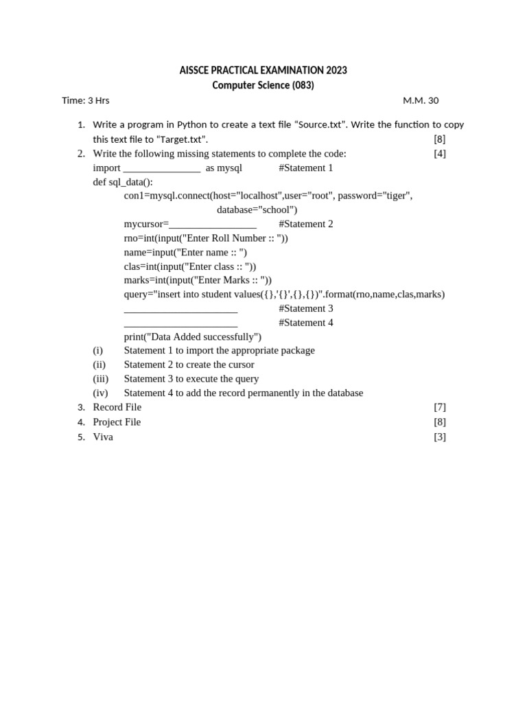 Aissce Practical Examination 2023 Cs | PDF | Databases | Data Management