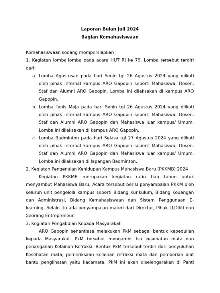 Laporan Bulan Juli 2024 | PDF