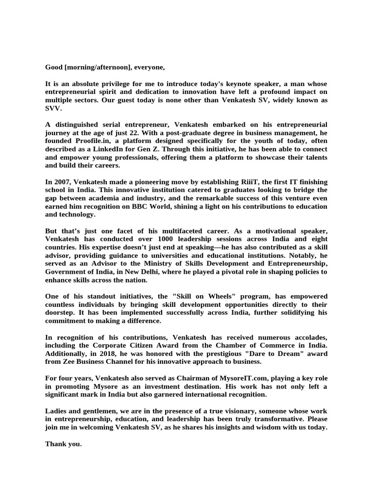 Keynote By Entrepreneur Venkatesh Sv Pdf Entrepreneurship Economies