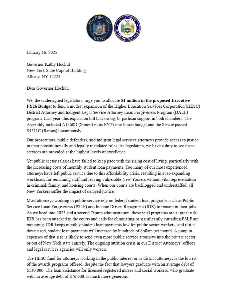 HESC - DALF - Legislator Sign-On LTR To Gov | PDF | Cost Of Living ...