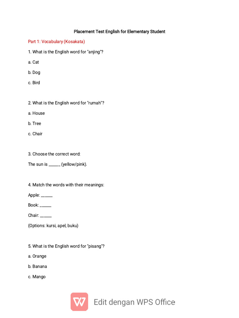 English Placement Test for Kids | PDF