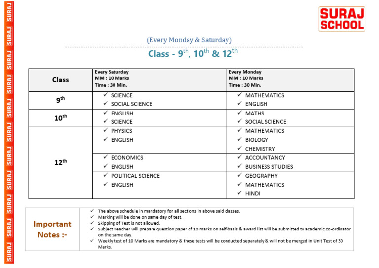 Weekly Test Schedule - Mon & Sat - 10 Marks | PDF