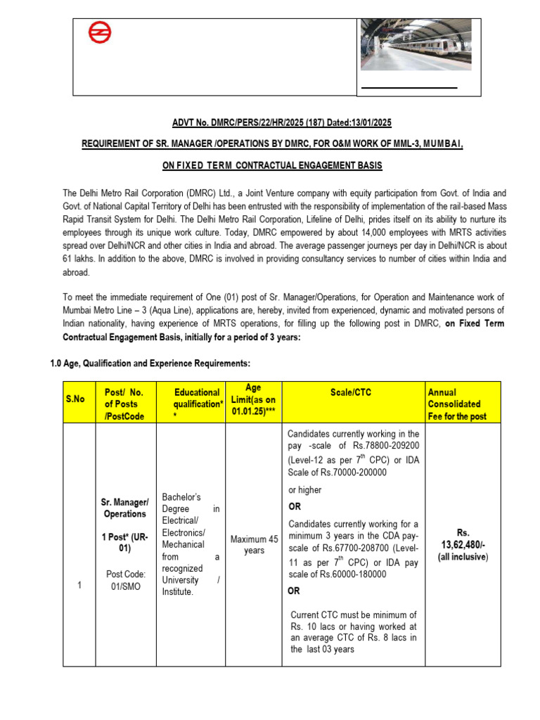 DMRC Sr. Manager Recruitment 2025 | PDF | Business