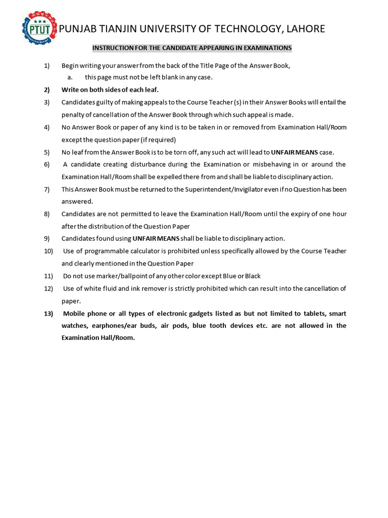 Exams Instructions For Students | PDF