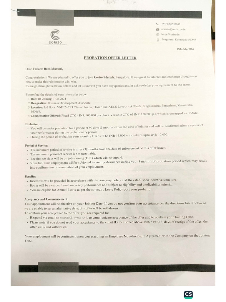 Acceptance of Offer Letter 1 | PDF