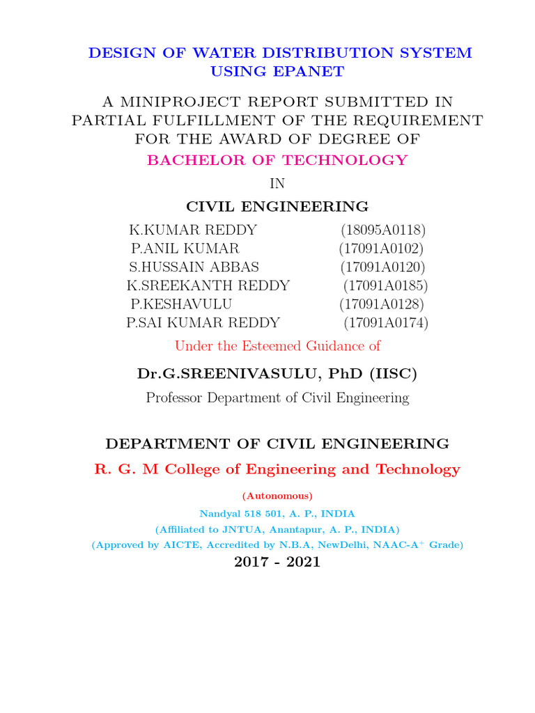 2020-21-Ce-Design of Water Distribution System Using Epanet-6 | PDF | Chemical Engineering ...