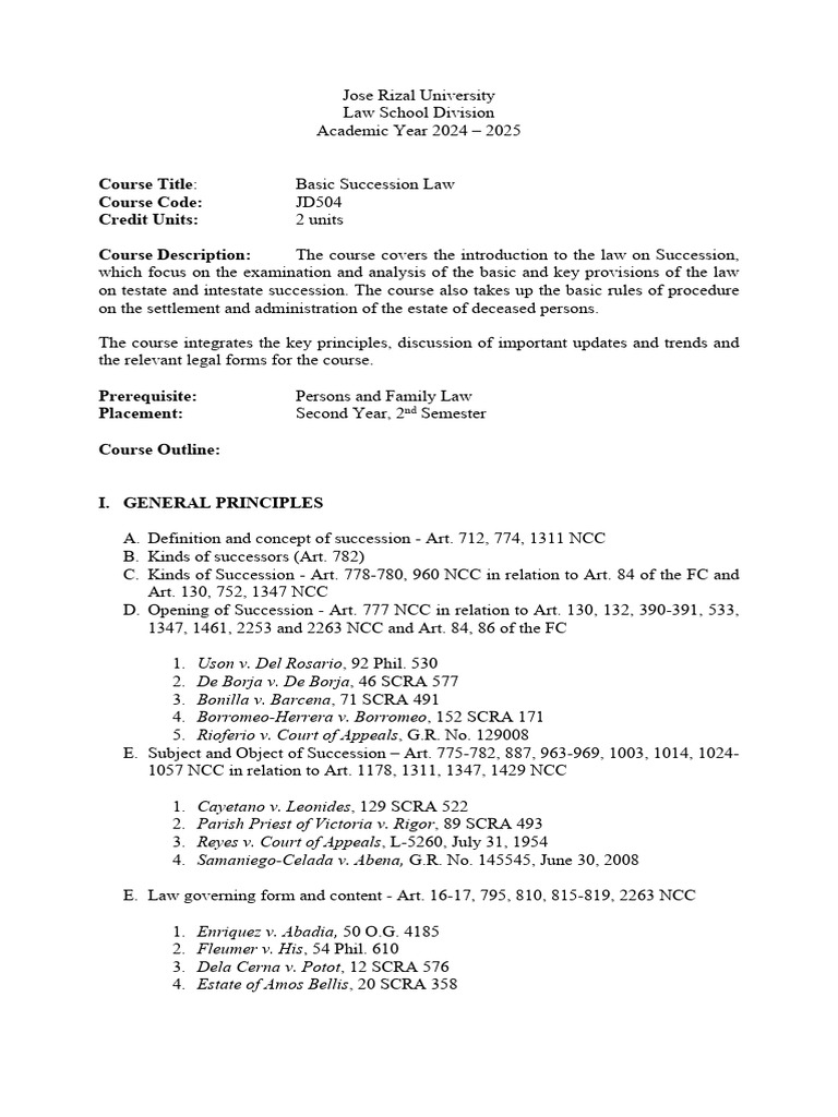 Basic Succession Law Course JD504 | PDF | Will And Testament | Social ...