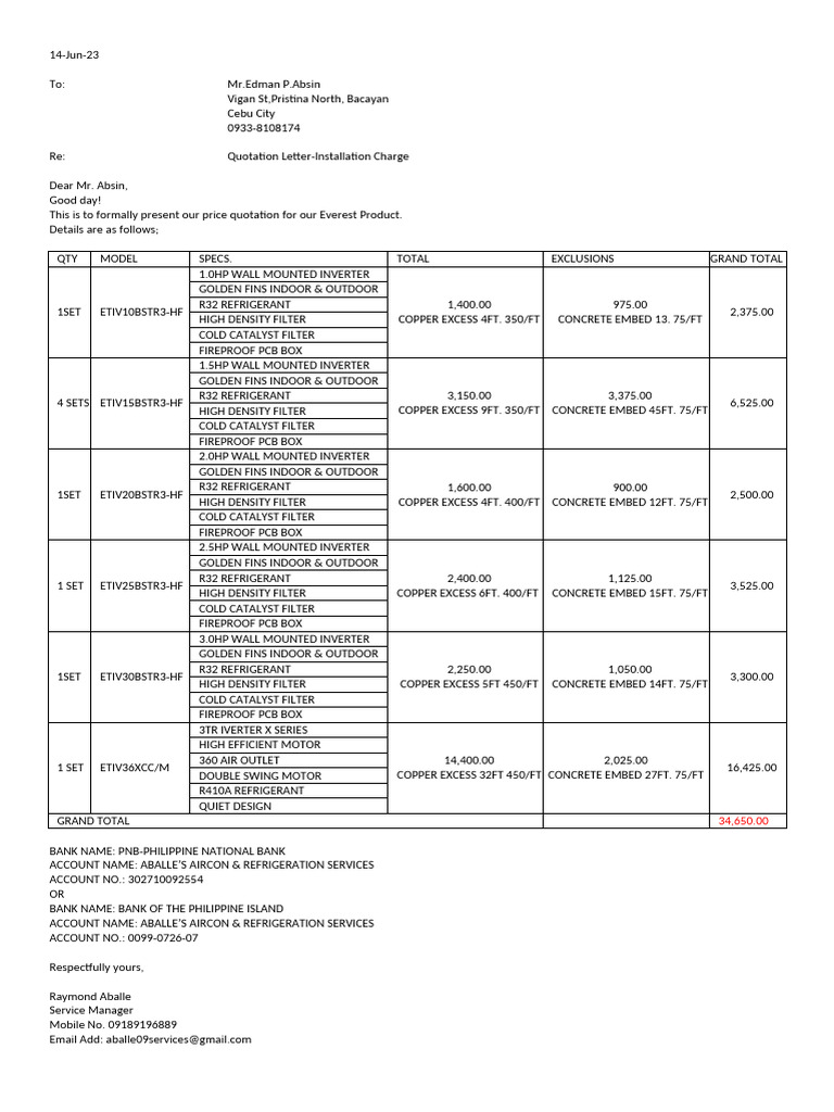 Quotation for Aircon Installation | PDF | Sustainable Building | Energy ...