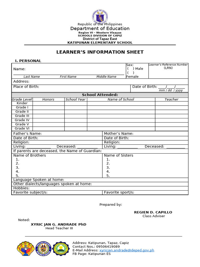 Learner's Information Sheet Template | PDF | Human Communication ...