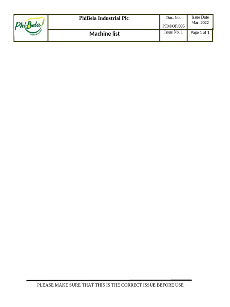 PTM OF 005 Machine List | PDF