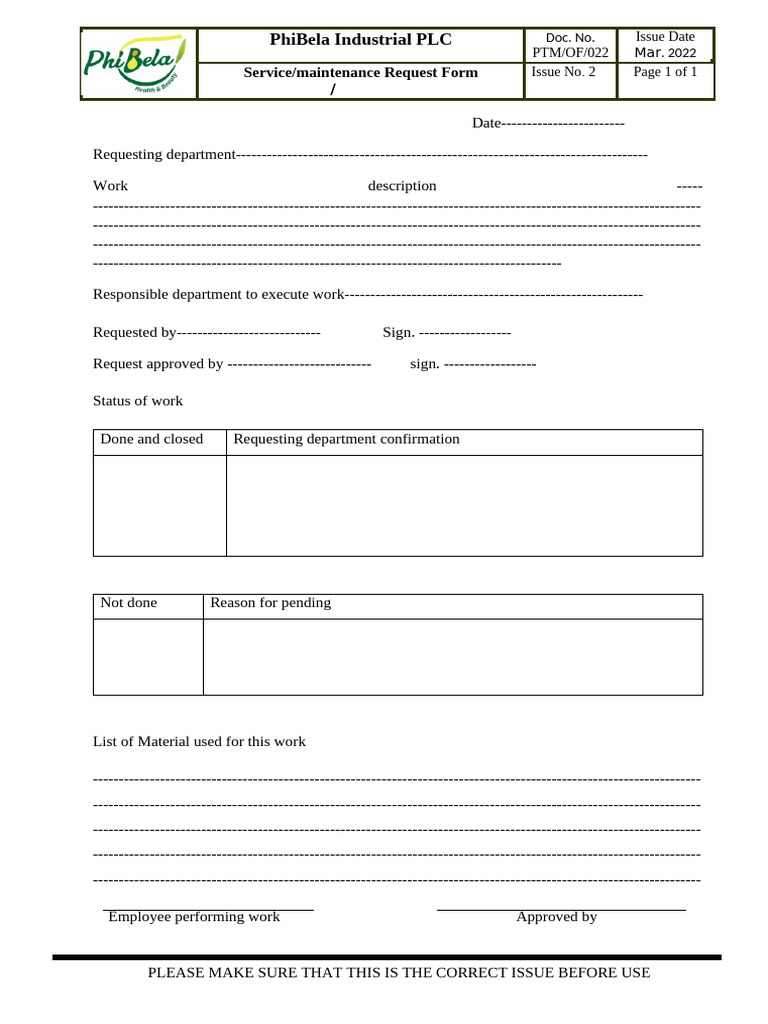 PTM OF 022 Service or Maintanace Request Form | PDF