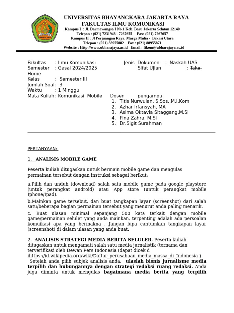 Soal UAS Komunikasi Mobile Ganjil 2024 | PDF