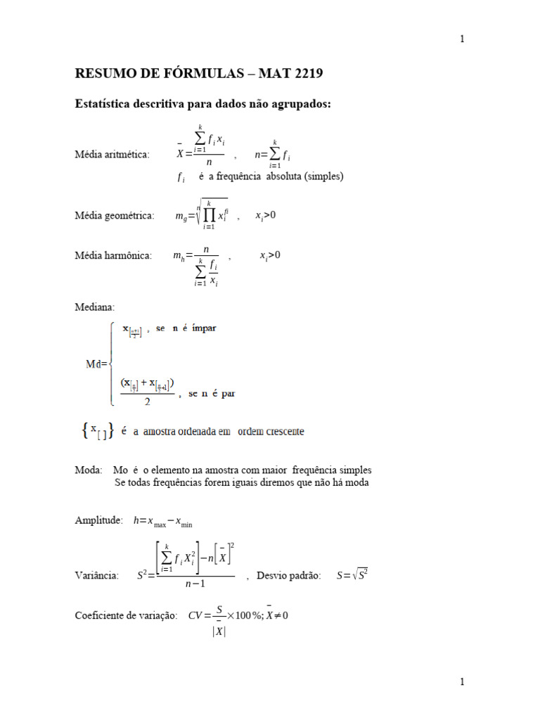 Fórmulas de Estatística e Probabilidade | PDF | Distribuição normal ...