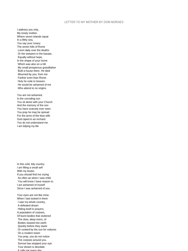 Letter to My Mother: A Poetic Reflection | PDF
