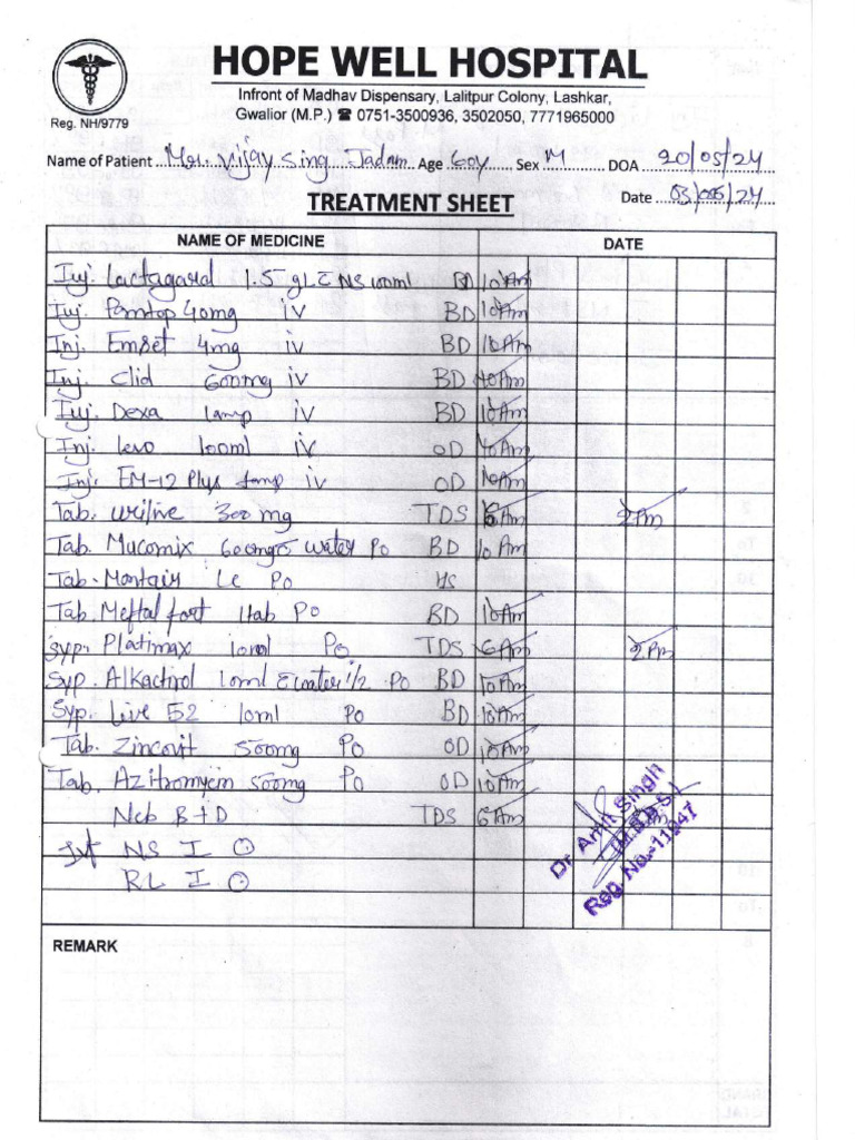 Treatment Sheet for Hope Well Hospital | PDF