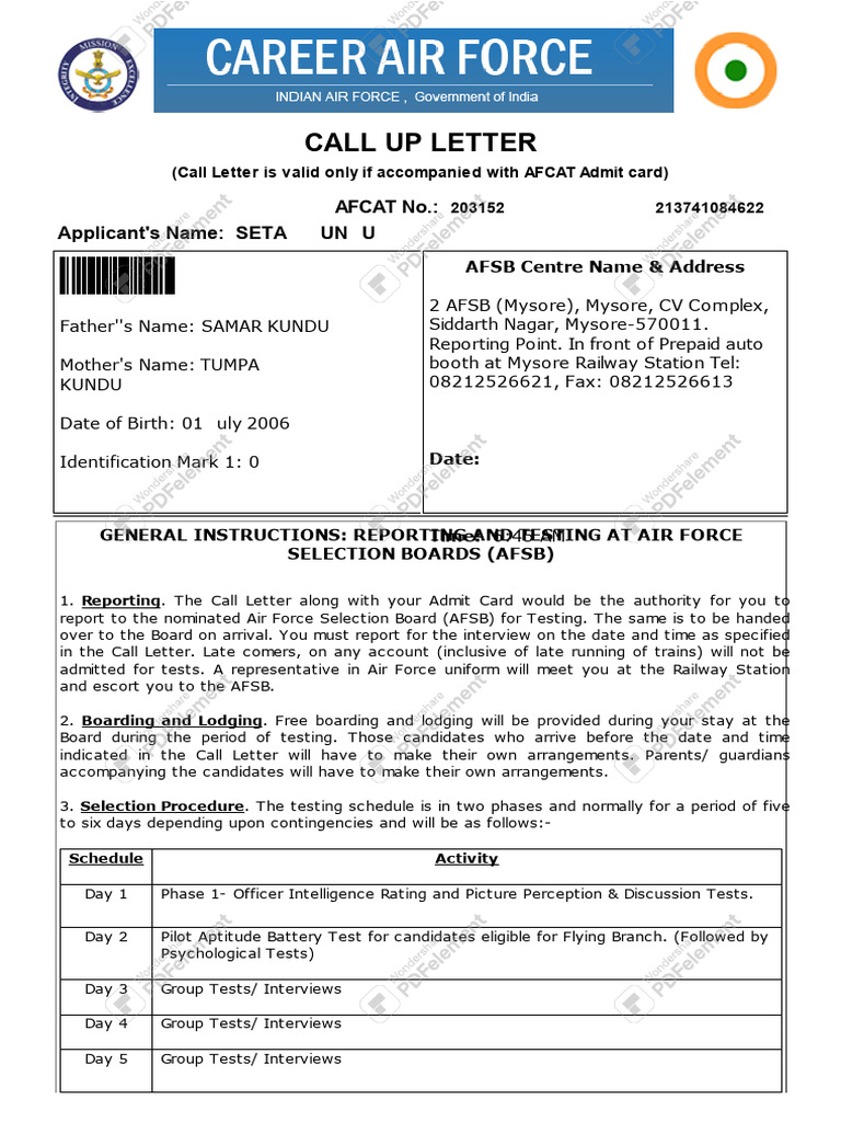 AFSB Call Letter for 2 AFSB Mysore | PDF | Identity Document