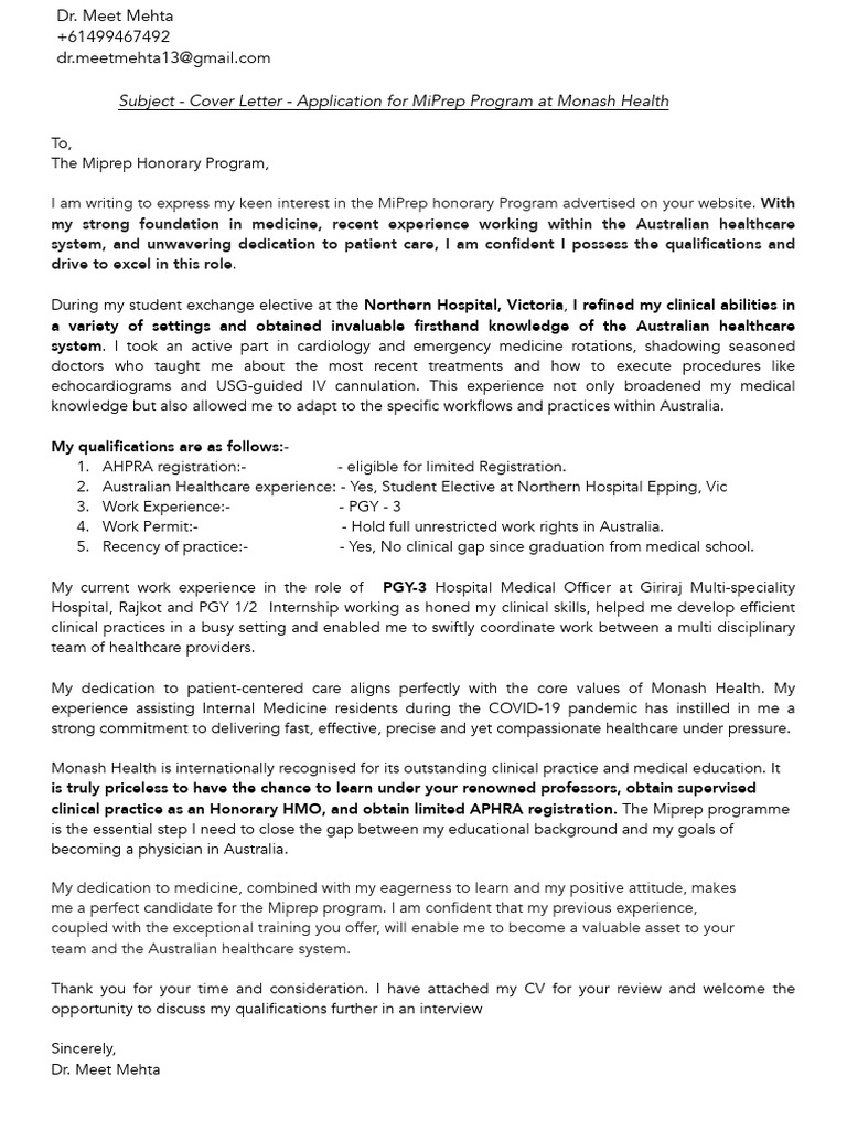 Cover Letter - Application for MiPrep Program at Monash Health | PDF ...