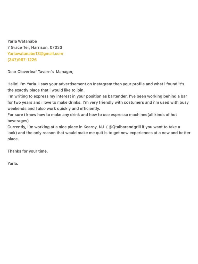 Bartender Application to Cloverleaf Tavern | PDF