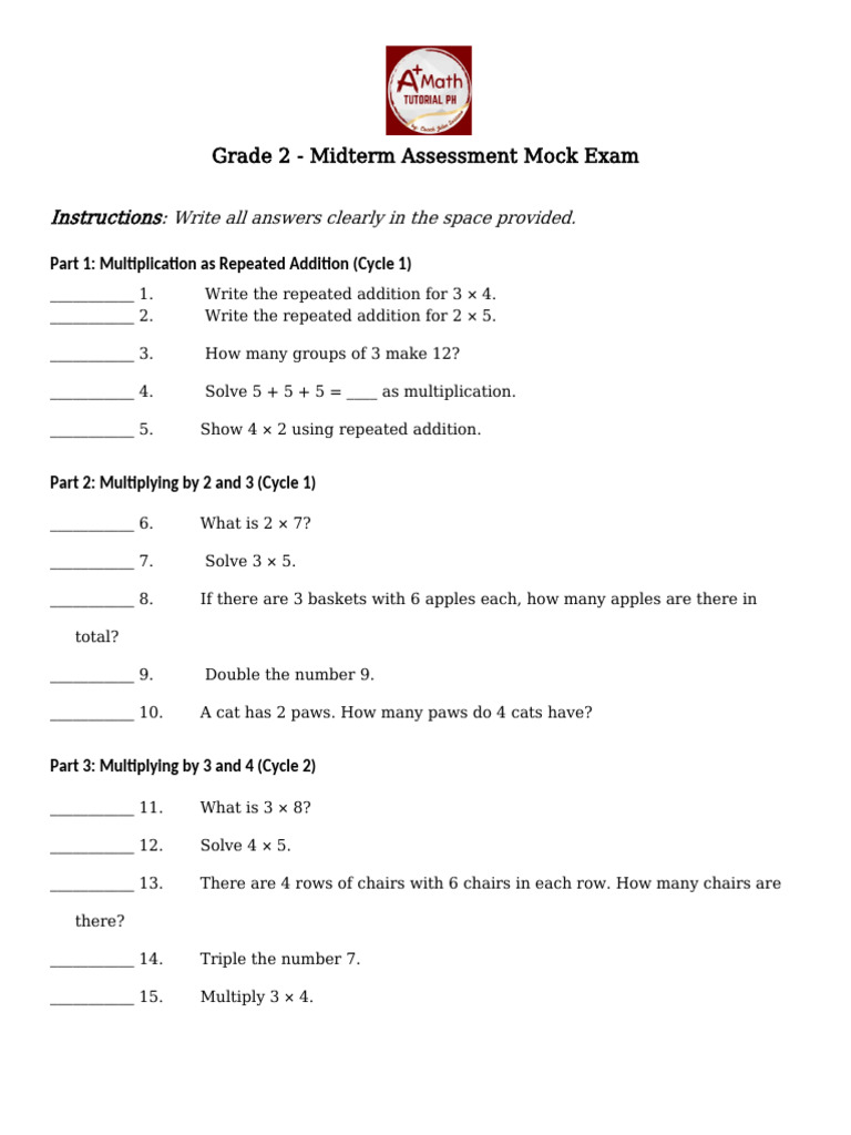 Grade 2 Midterm Assessment Mock Exam | PDF | Mathematics | Arithmetic