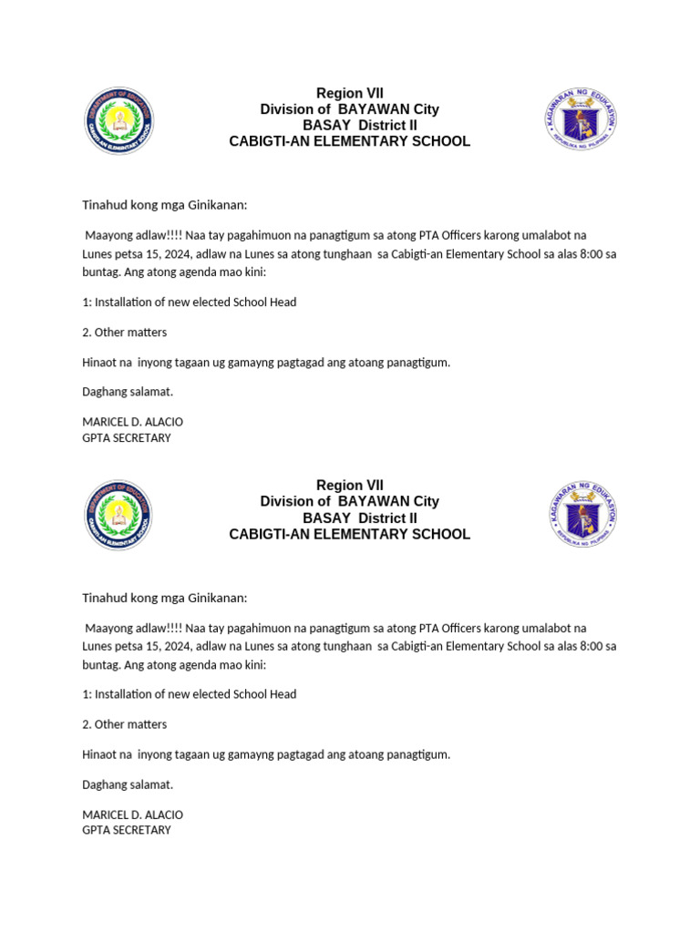 Sulat Pahibalo Pta Officers | PDF