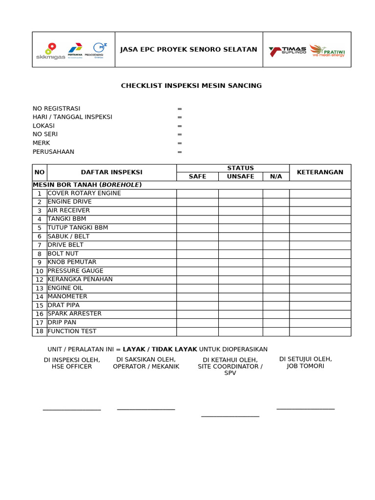 KTP - Checklist Inspeksi Mesin Sancing | PDF