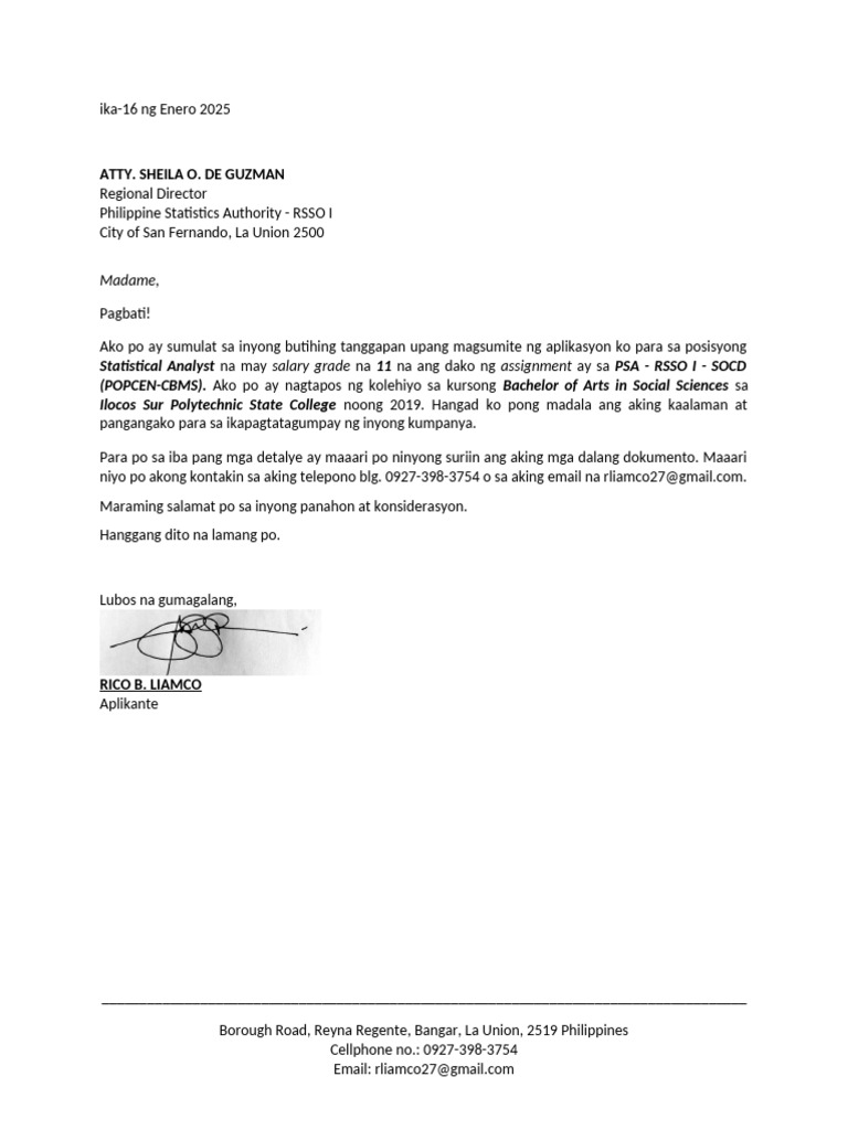 PSA Application Letter Statistical Analyst | PDF