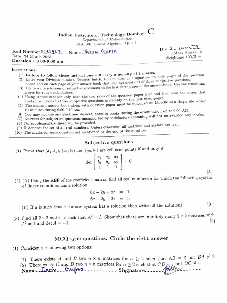 22b3967Quiz1 | PDF | Matrix (Mathematics) | Mathematics