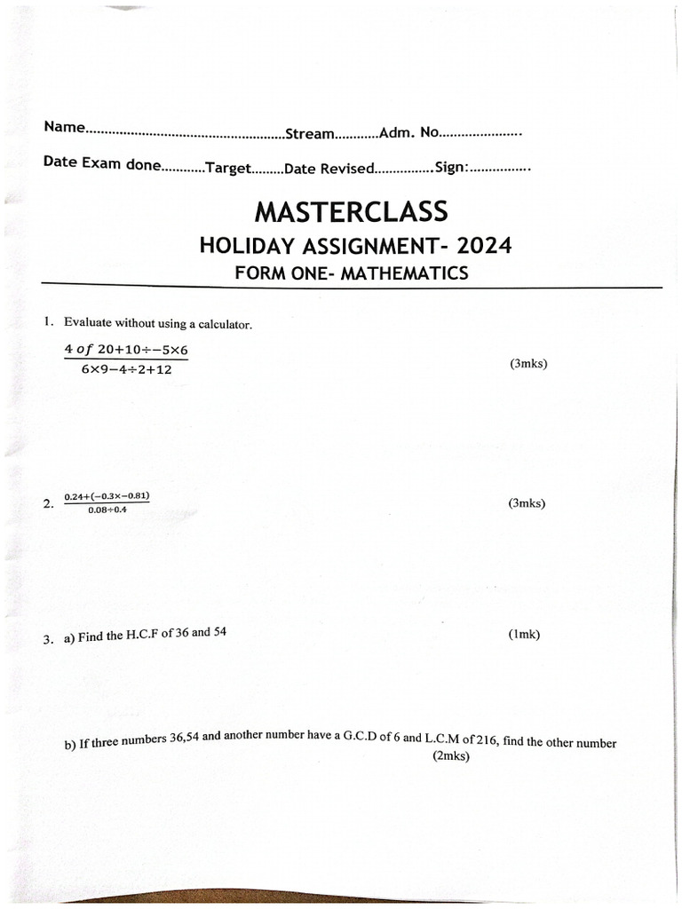 F1 Mathematics Holiday Assignment | PDF