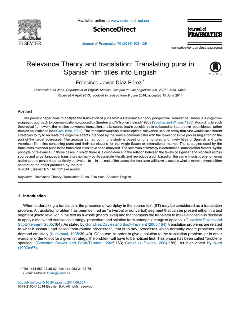 Relevance Theory and Translation Translating Puns in Spanish Film Titles Into English | PDF ...