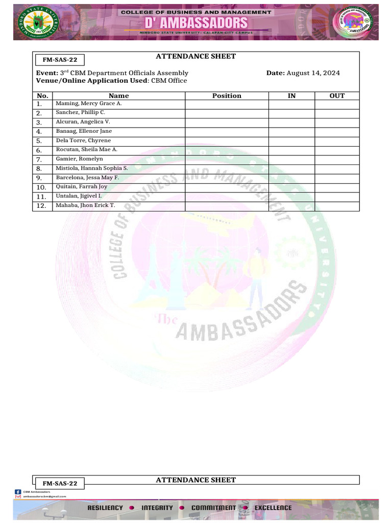 Attendance For The CBM Officials and Adviser | PDF