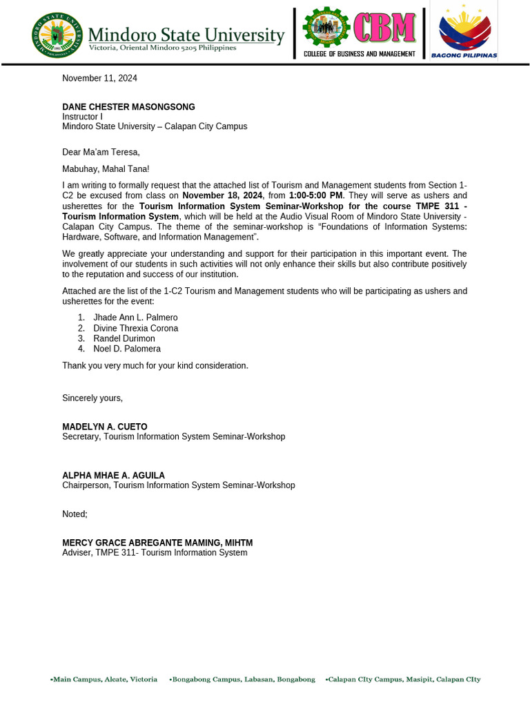 Excuse Letter For Ushers | PDF